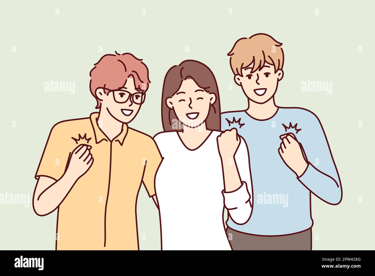 Girl and two guys with smile on faces make winning gesture rejoicing ...