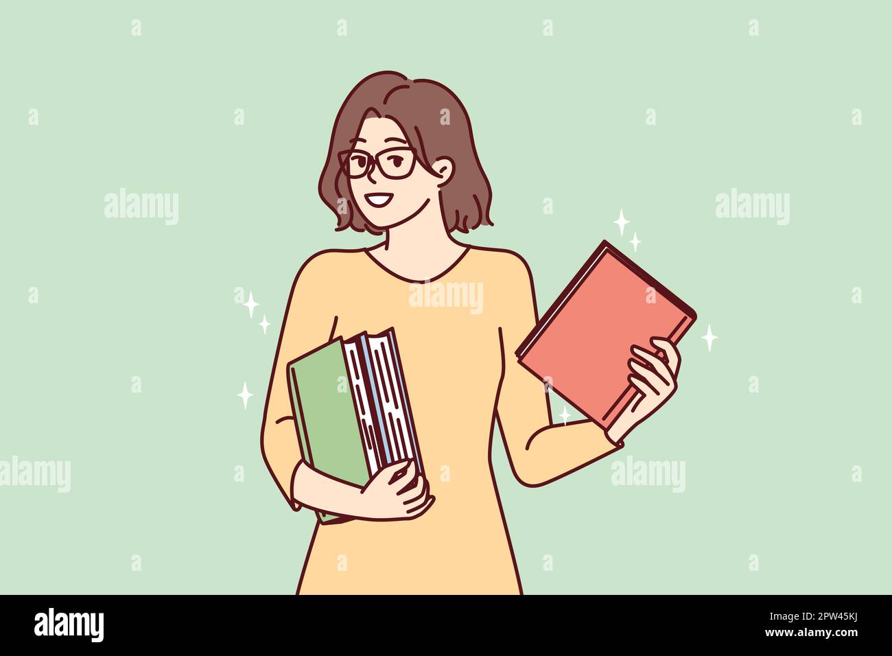 Smart young woman stands holds several books in hands choosing ...