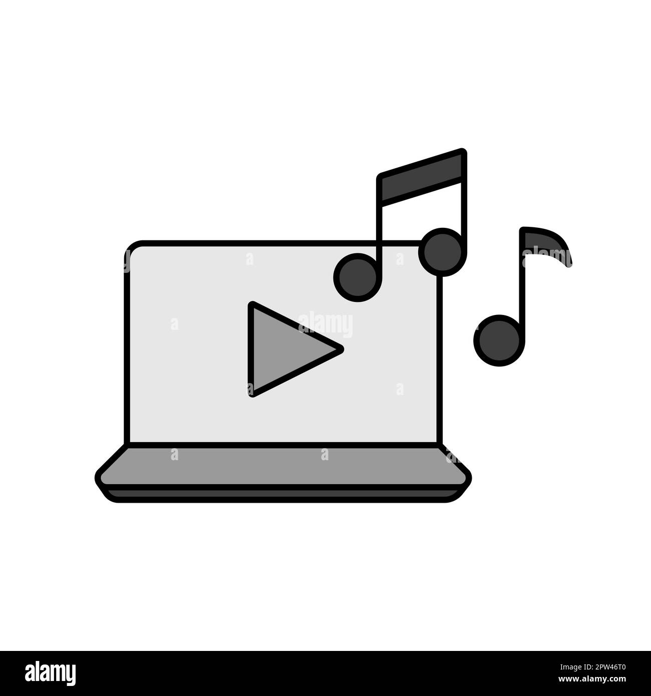 Listen to music on laptop color vector grayscale icon. Music sign ...