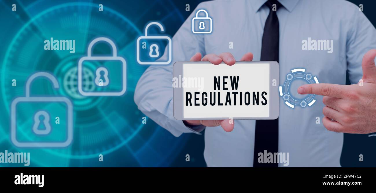 Writing displaying text New Regulations, Concept meaning rules made by ...