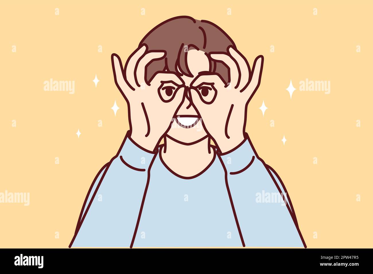 Woman puts hands to face imitating invisible binoculars to look at ...