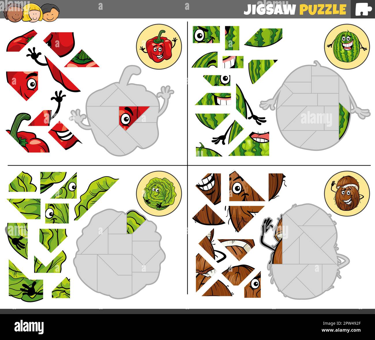 jigsaw puzzle task with cartoon fruits and vegetables Stock Vector ...
