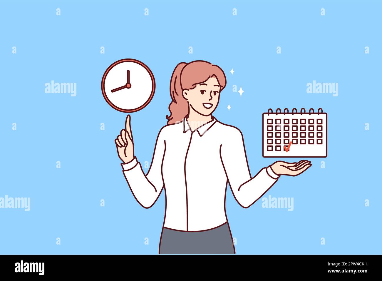 Smiling businesswoman hold finished schedule point at clock. Happy ...