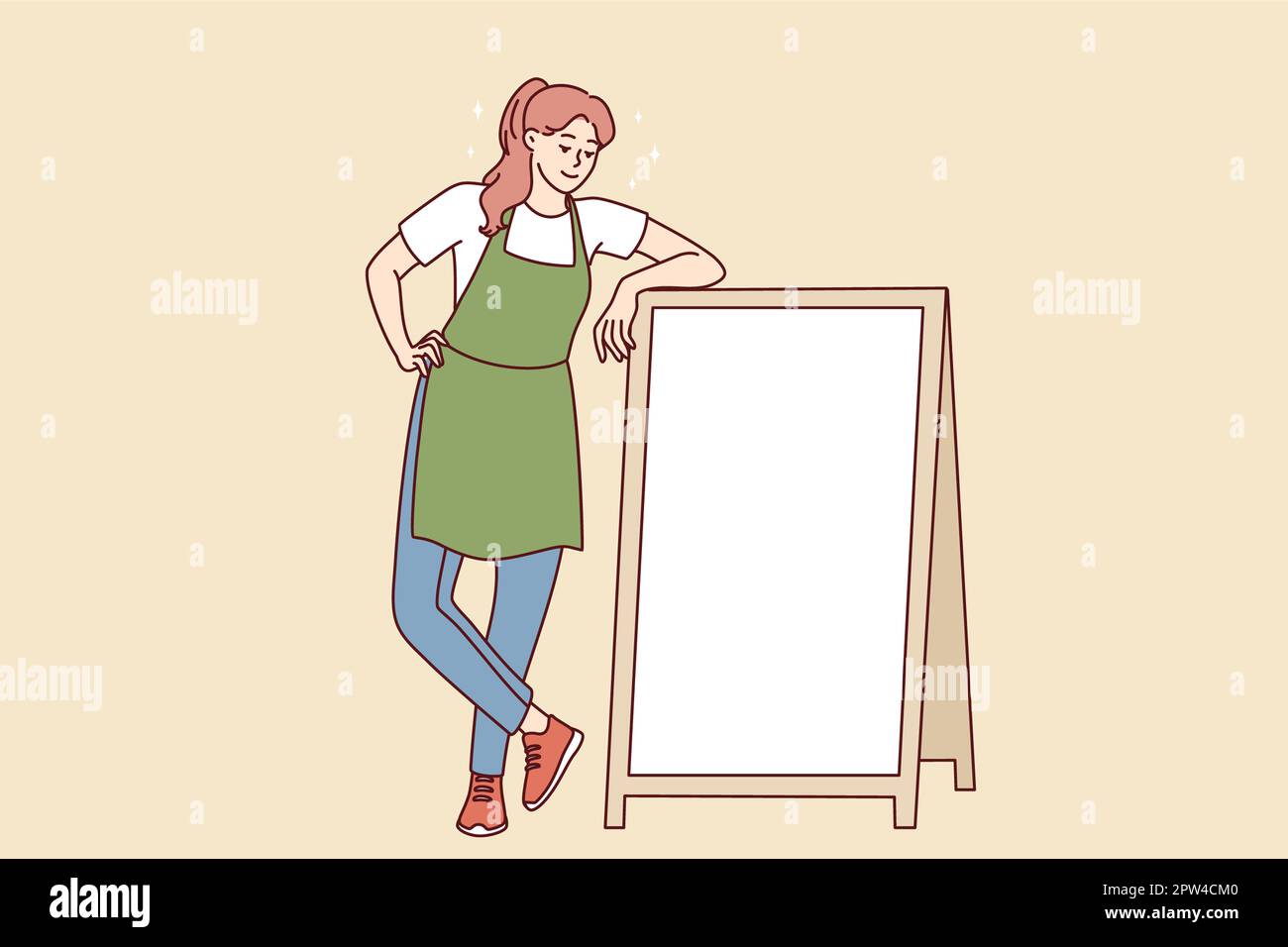 Smiling female waiter in apron standing near mockup cafe advertising ...