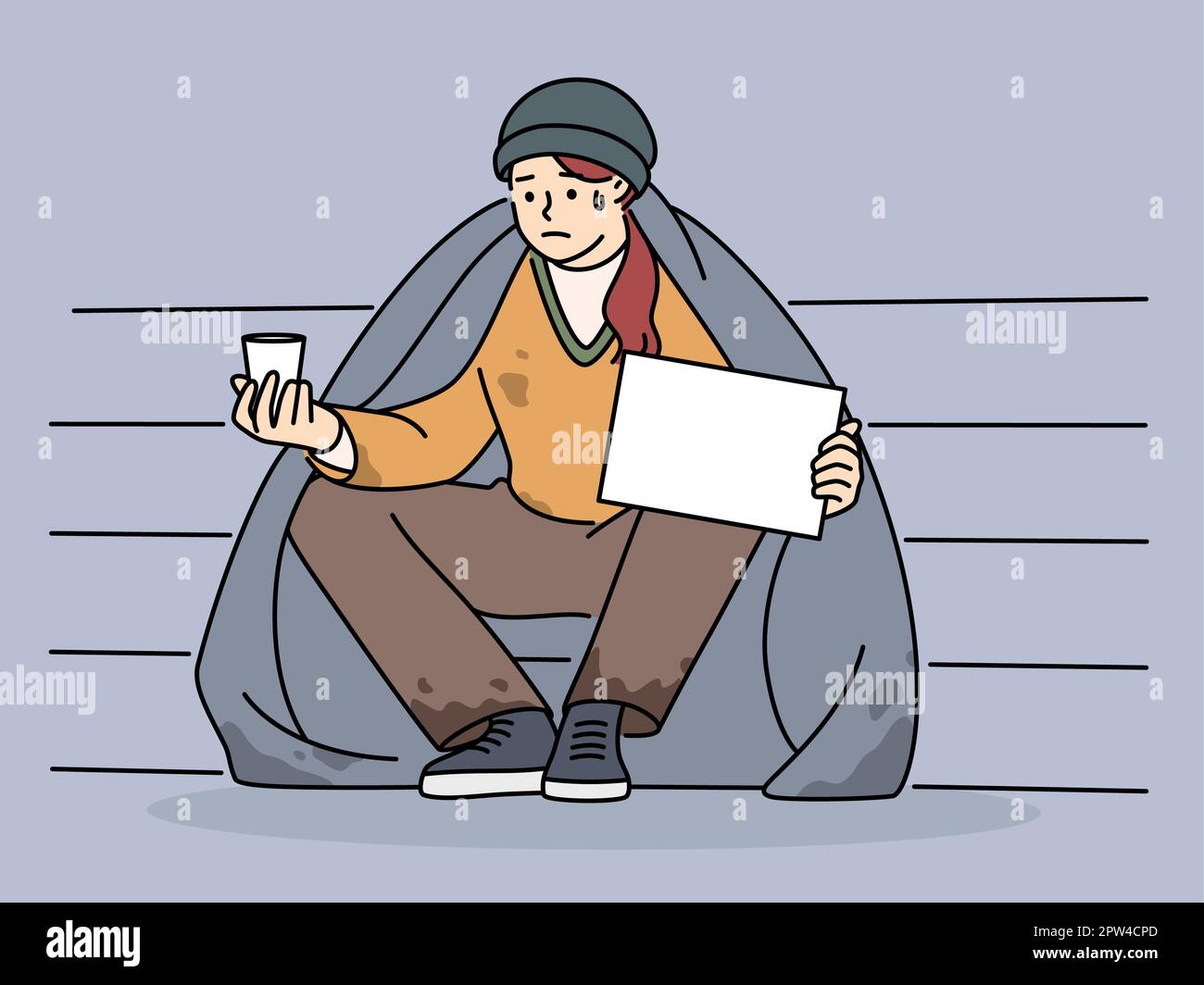 Poor man sit on street with mockup placard ask for money. Unhappy male ...