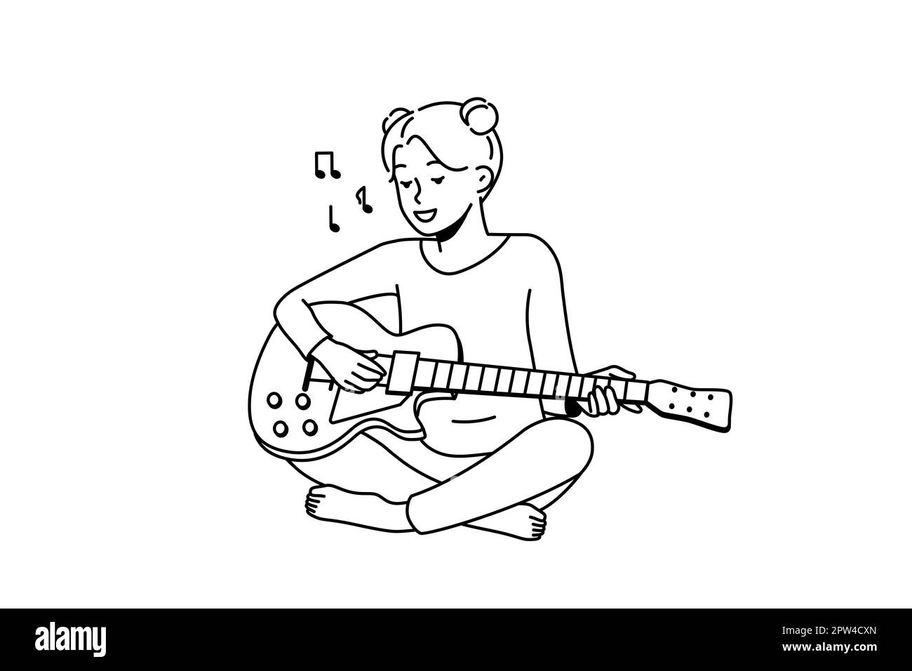 Smiling girl sit on floor playing guitar. Happy female enjoy musical ...
