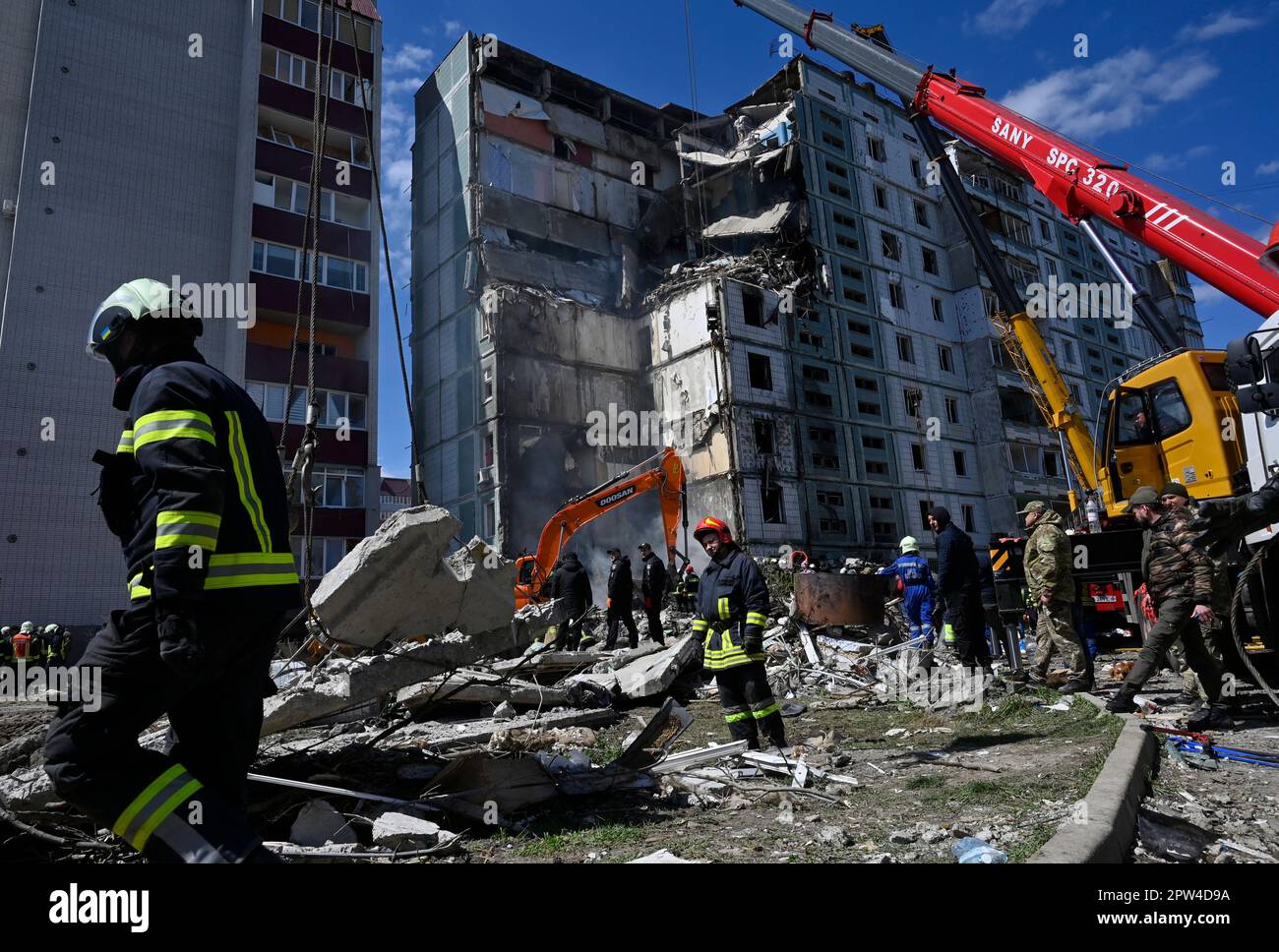 Uman, Ukraine. 28th Apr, 2023. Rescuers dismantle the rubble of a ...