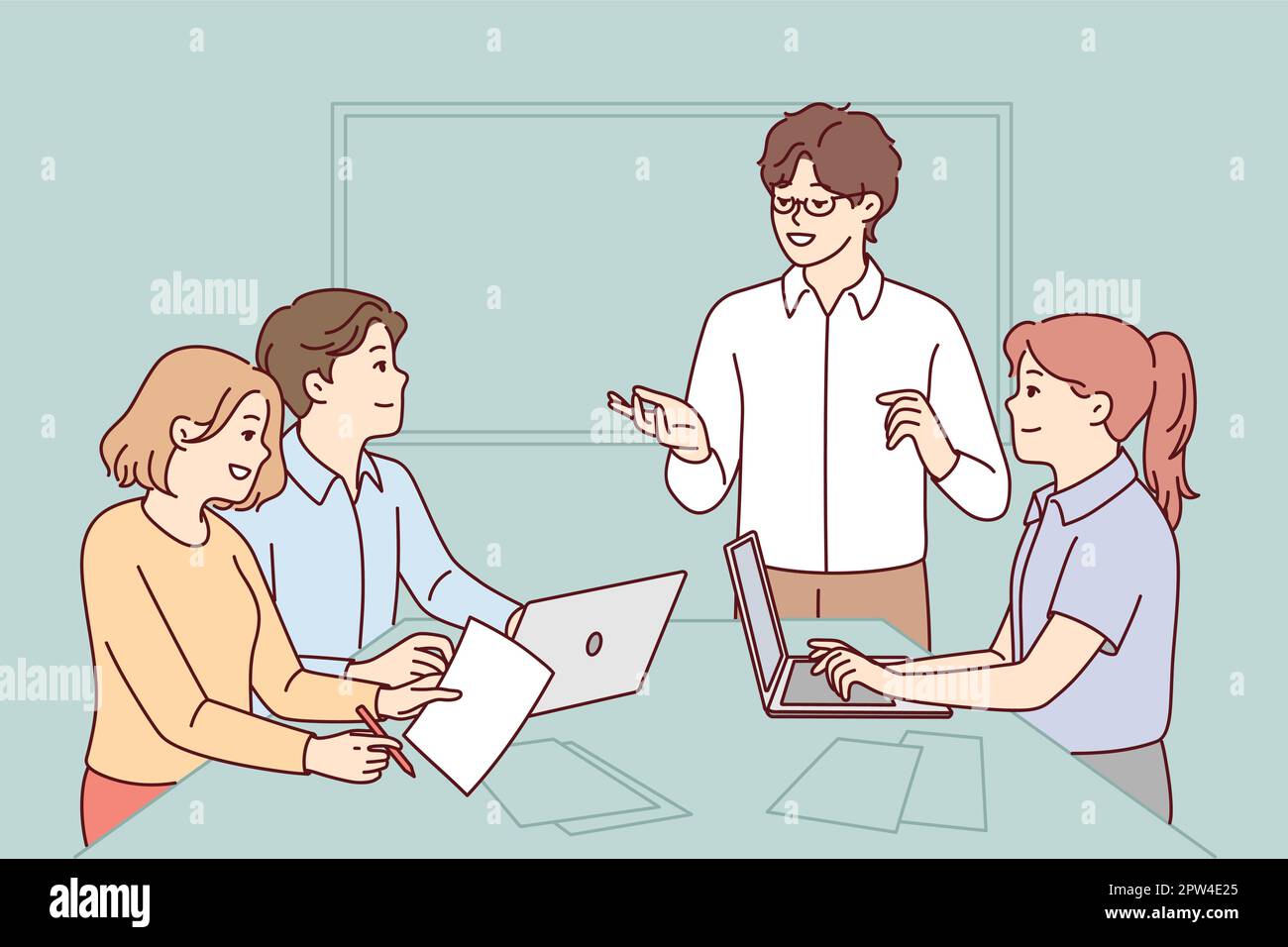 Successful people working in modern startup listening to colleagues ...