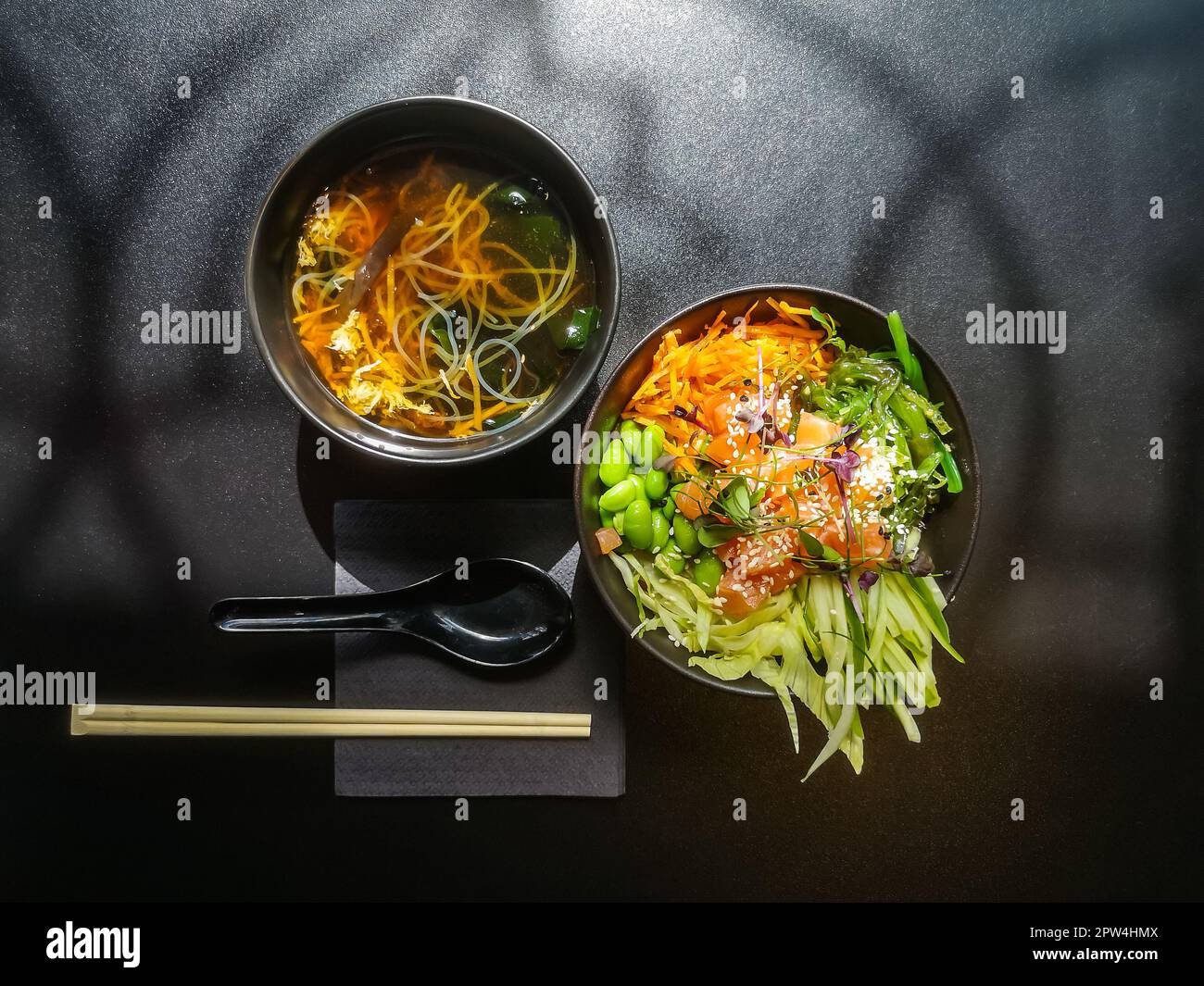 Lunch in Asian style. Shiro miso soup and poke bowl with salmon ...