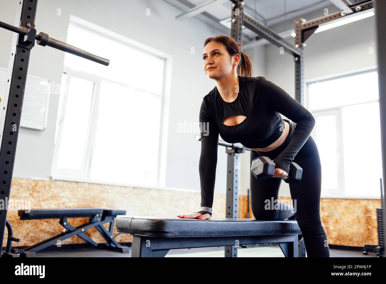 Gym woman doing push up exercises with dumbbells. Strong brunette ...