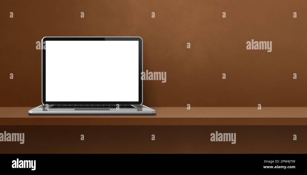 Laptop computer on brown shelf background banner. 3D Illustration Stock ...