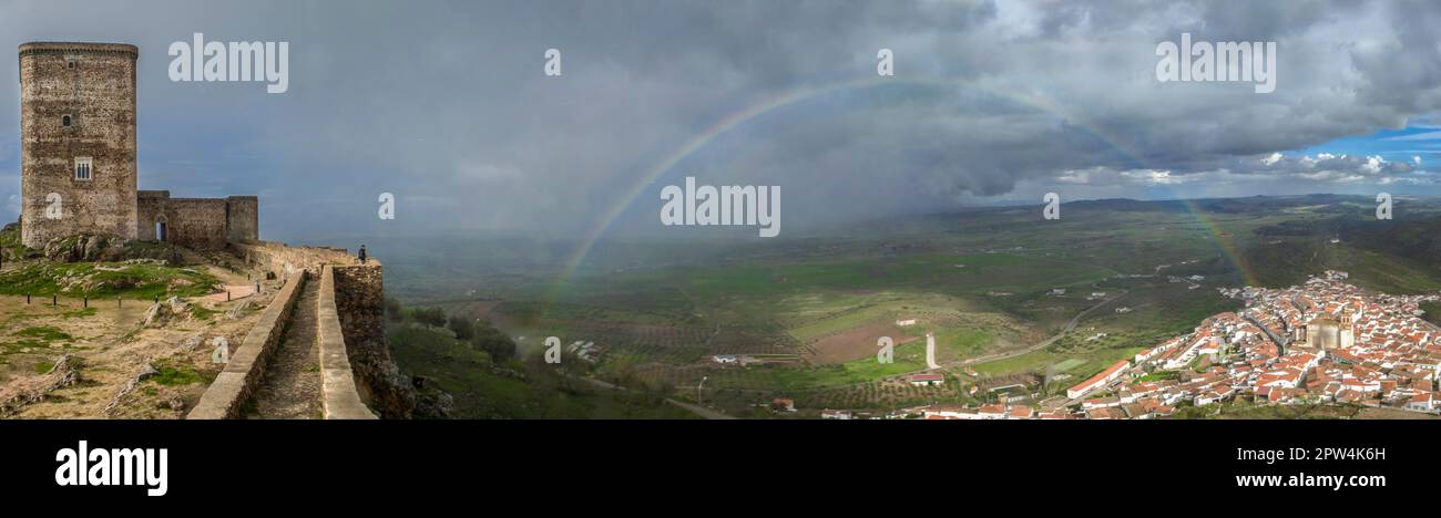 Panoramic of Feria, Badajoz, Spain. The rainbow stretches from the ...