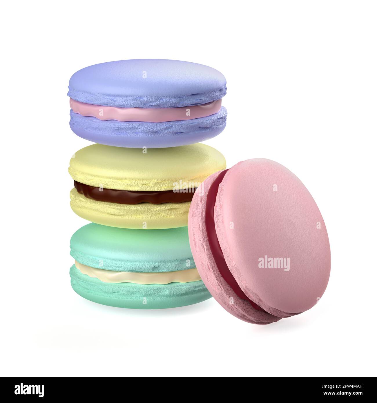 French macarons with different colors and flavors on white background ...