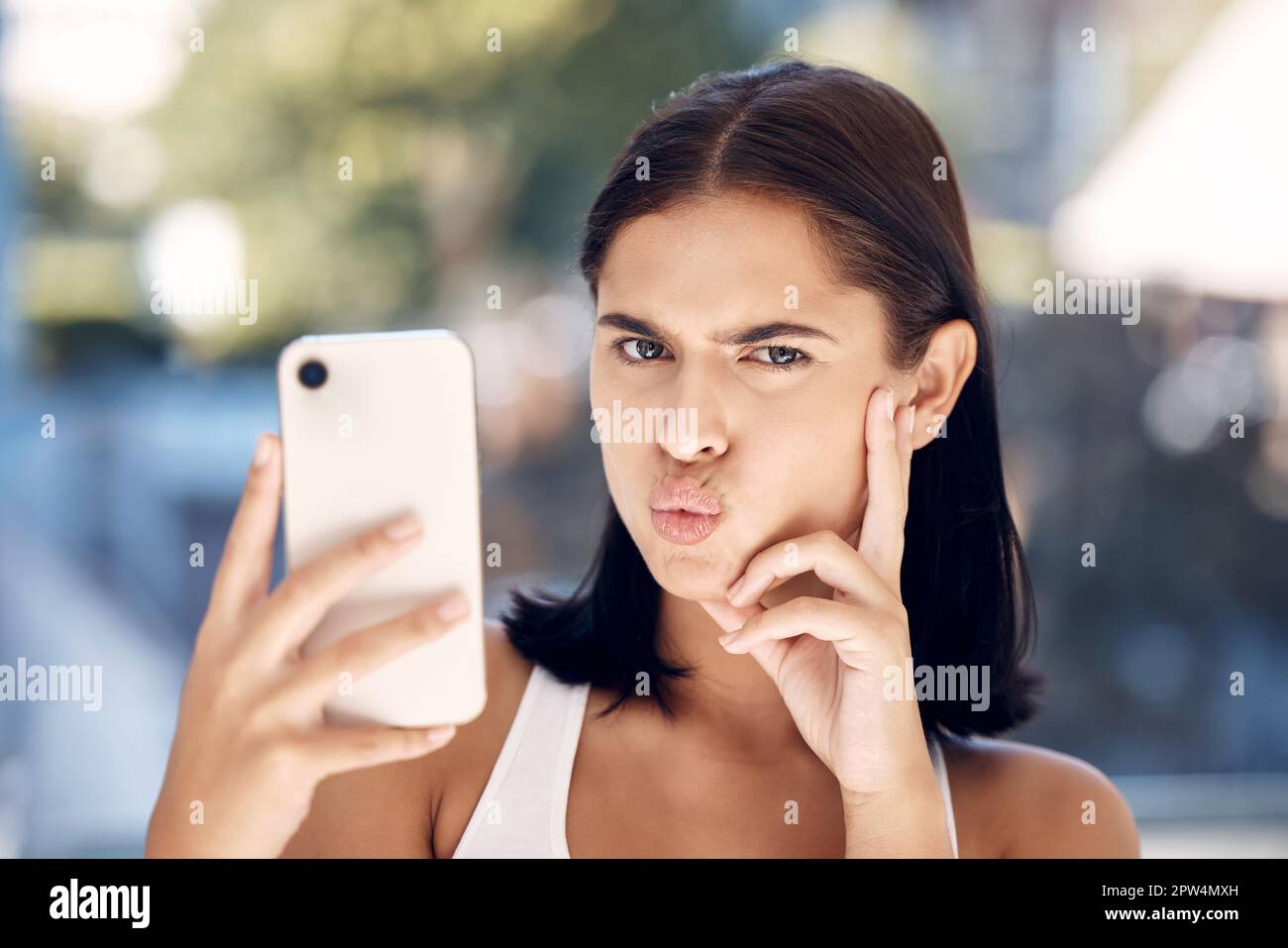 Woman Phone Selfie And Funny Face Portrait And Picture For Online Social Media Or Internet