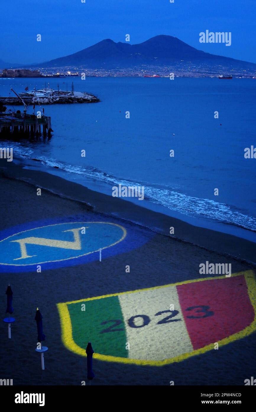 Napoli, Italy. 28th Apr, 2023. Projection on the Posillipo beach of the ...