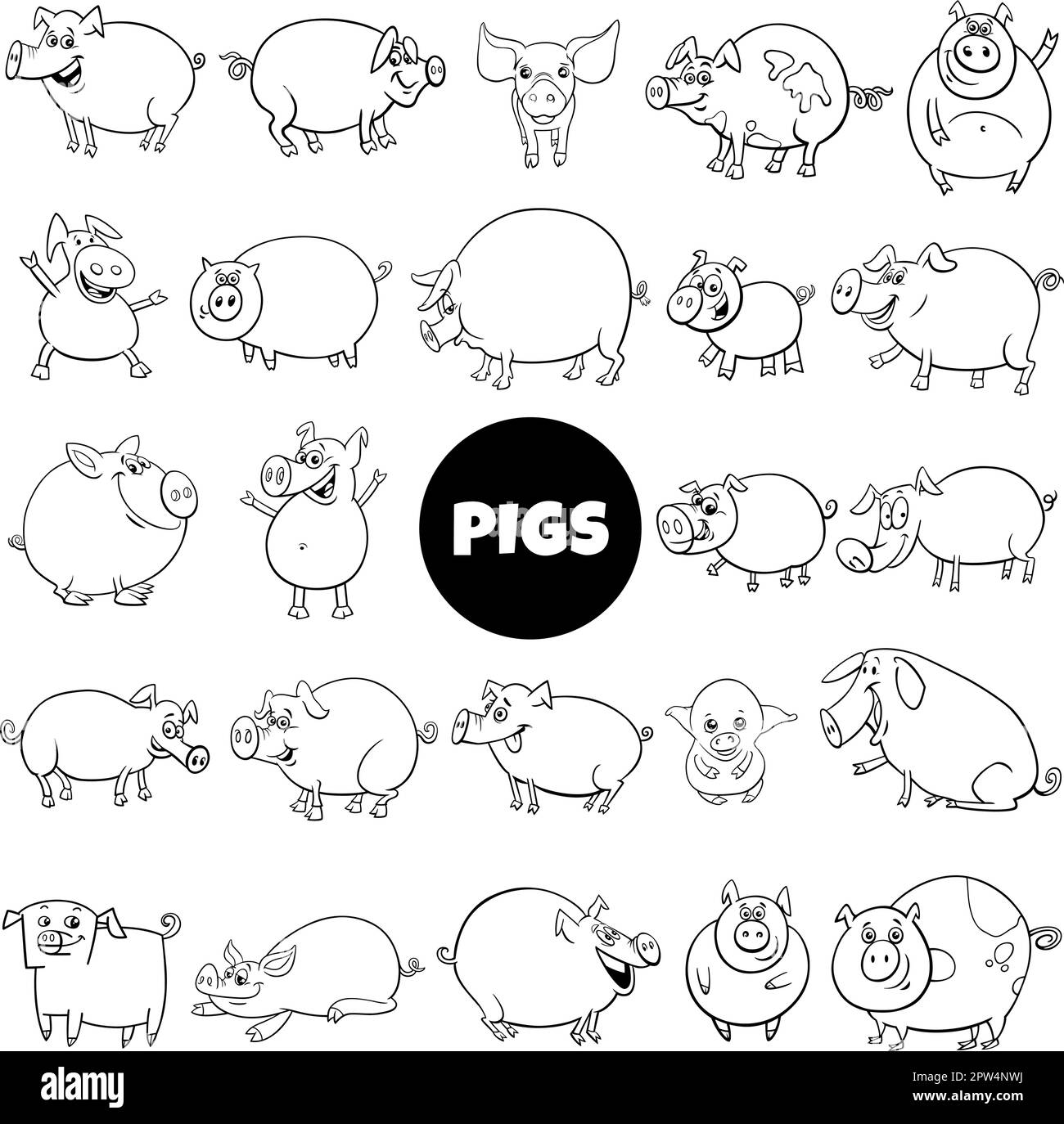 cartoon pigs farm animal characters big set coloring page Stock Vector ...