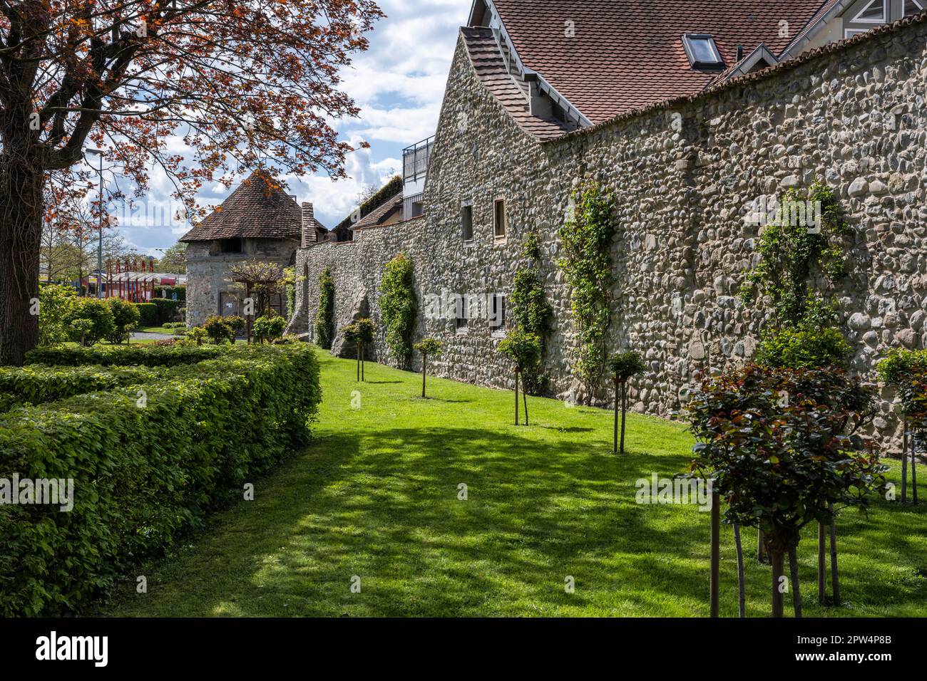 The historic town wall with powder tower in the old town of Radolfzell ...