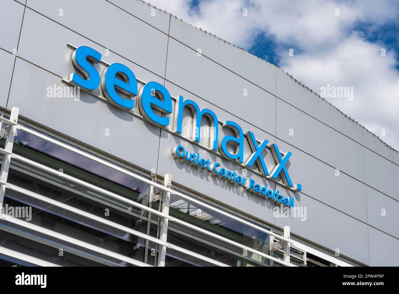 Logo of seemaxx Outlet Center Radolfzell on an aluminium facade cladding, Constance district ...