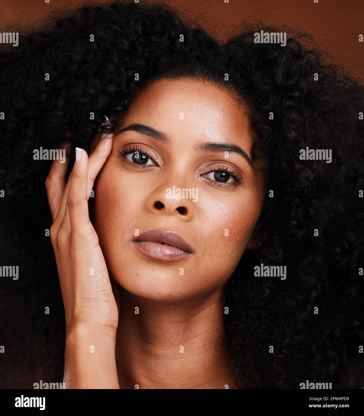 Portrait of black woman, face glow or afro hair style on studio ...