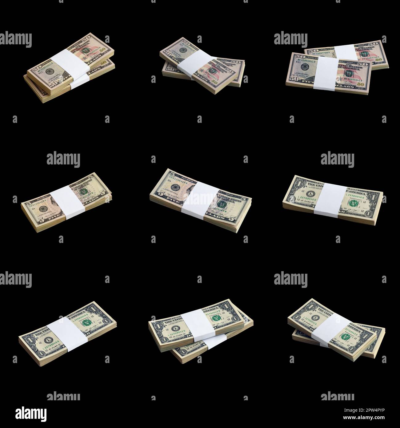 Big set of bundles of US dollar bills isolated on black. Collage with ...