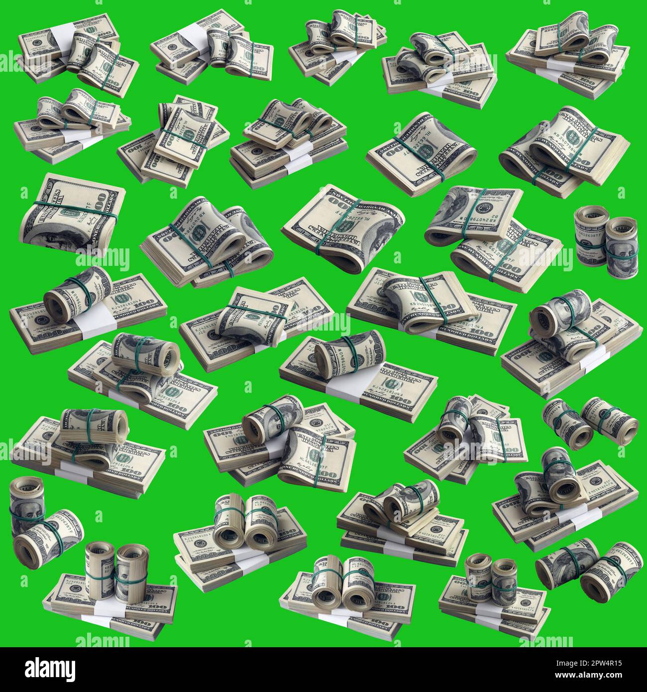 Big set of bundles of US dollar bills isolated on chroma key green ...