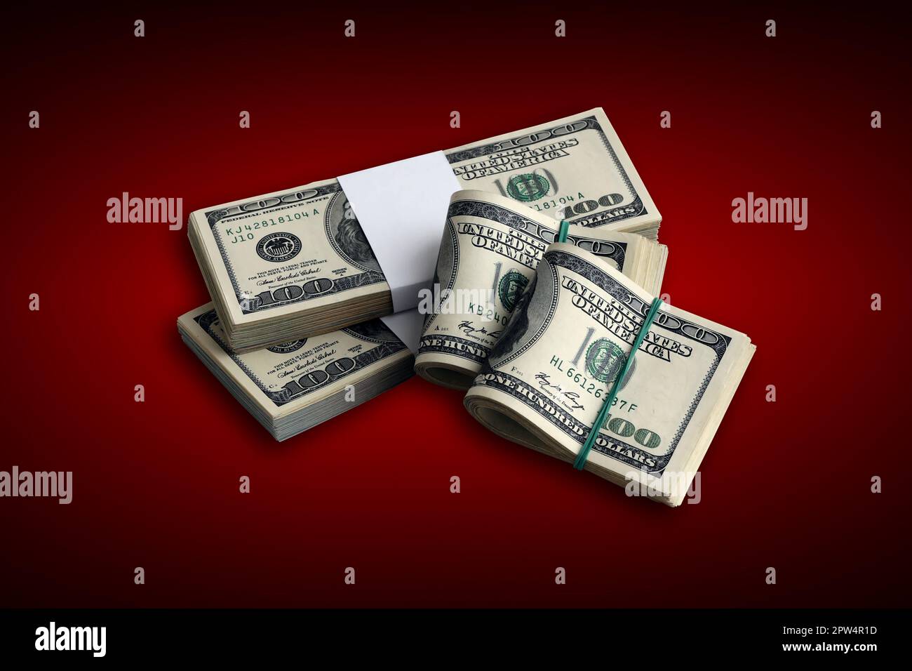 Bundle of US dollar bills on crimson red background. Pack of american ...