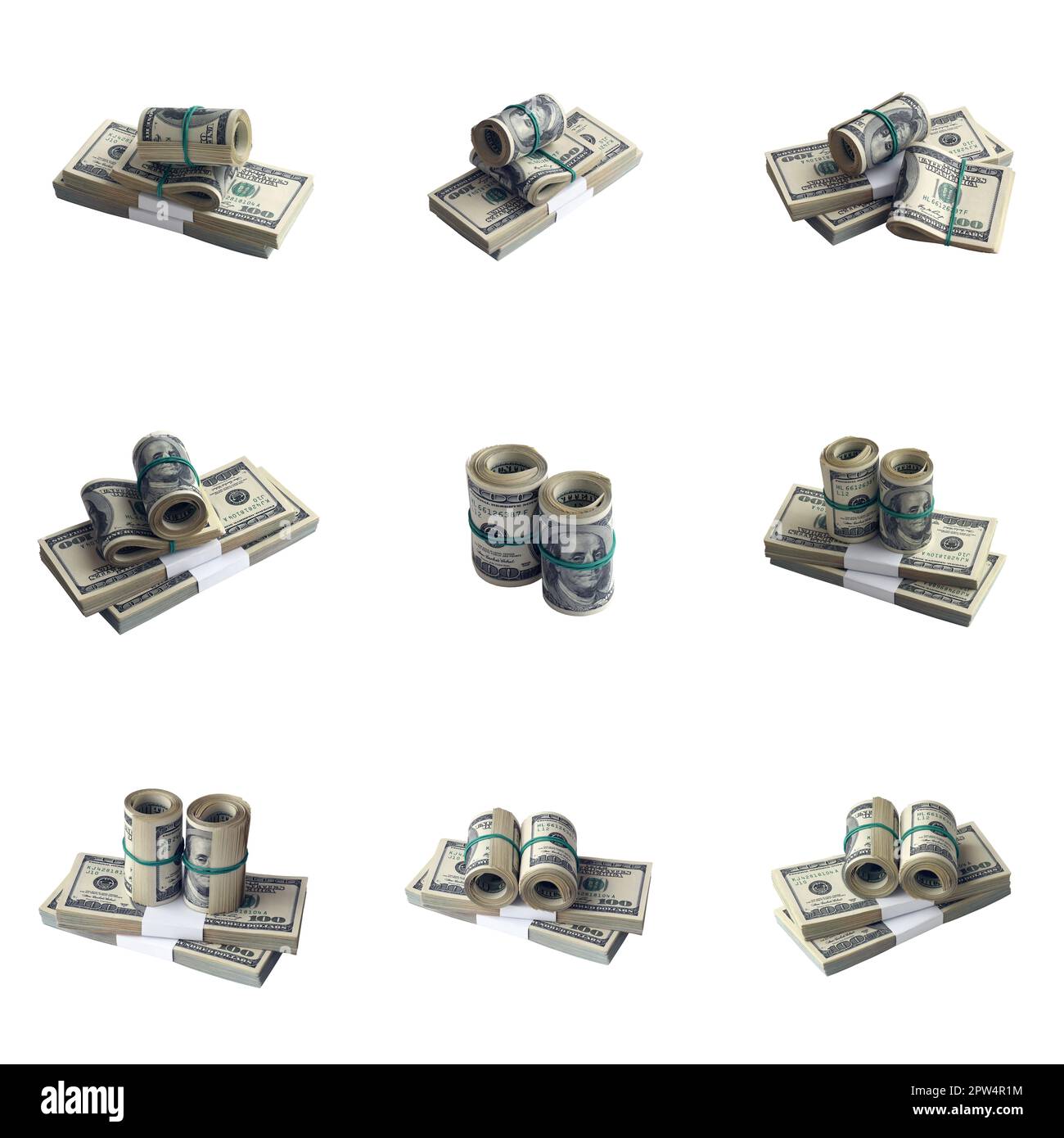 Big set of bundles of US dollar bills isolated on white. Collage with ...
