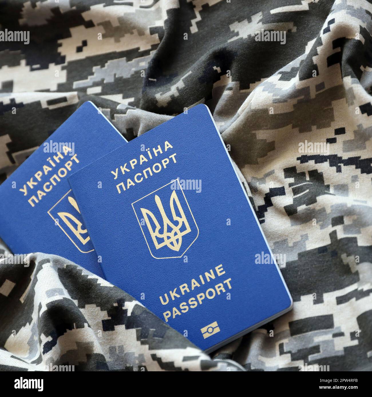 Ukrainian foreign passport on fabric with texture of military pixeled ...