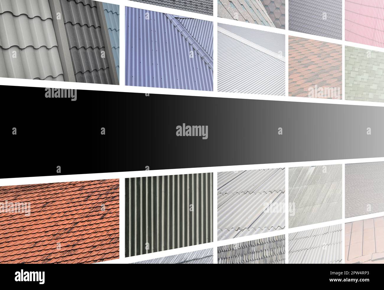 A collage of many pictures with fragments of various types of roofing ...