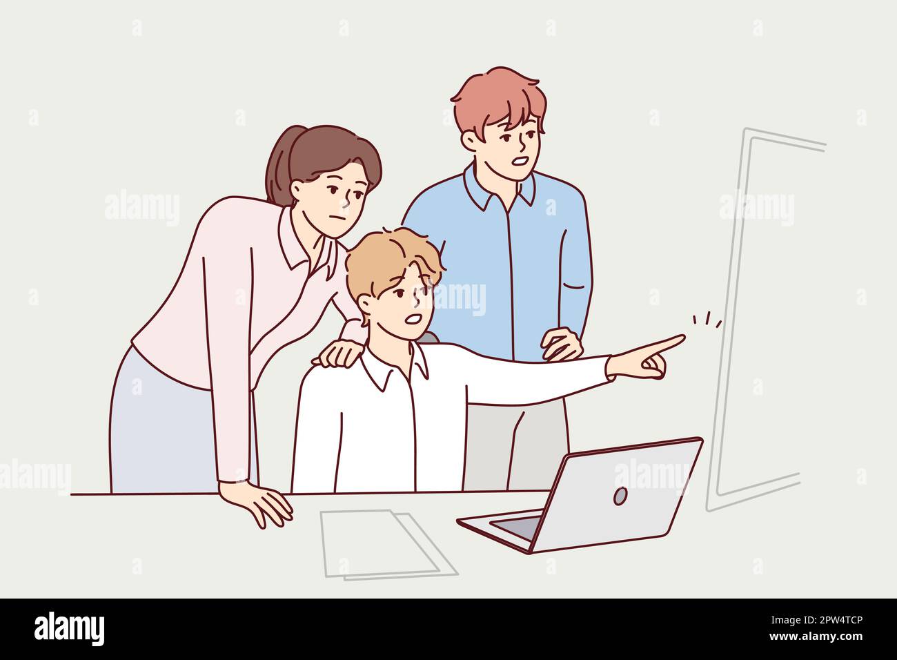 Teenage boy with afraid face points finger at window drawing attention ...