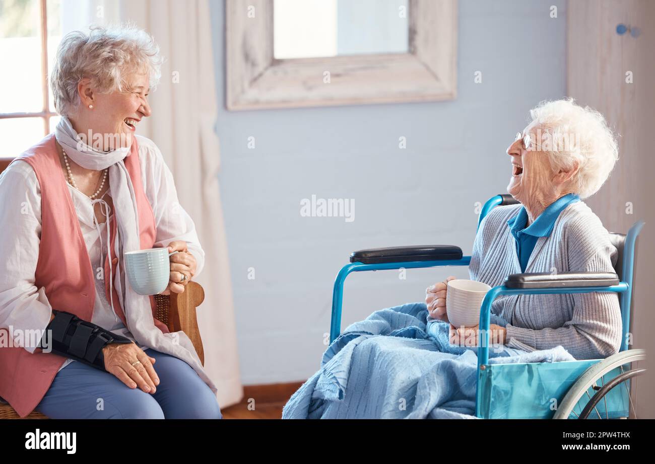 Coffee, senior women and friends laugh for funny story with trust, love ...
