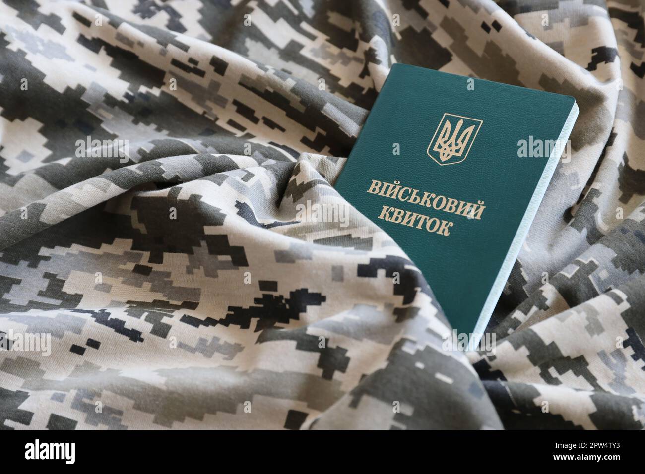 Ukrainian military ID on fabric with texture of pixeled camouflage ...