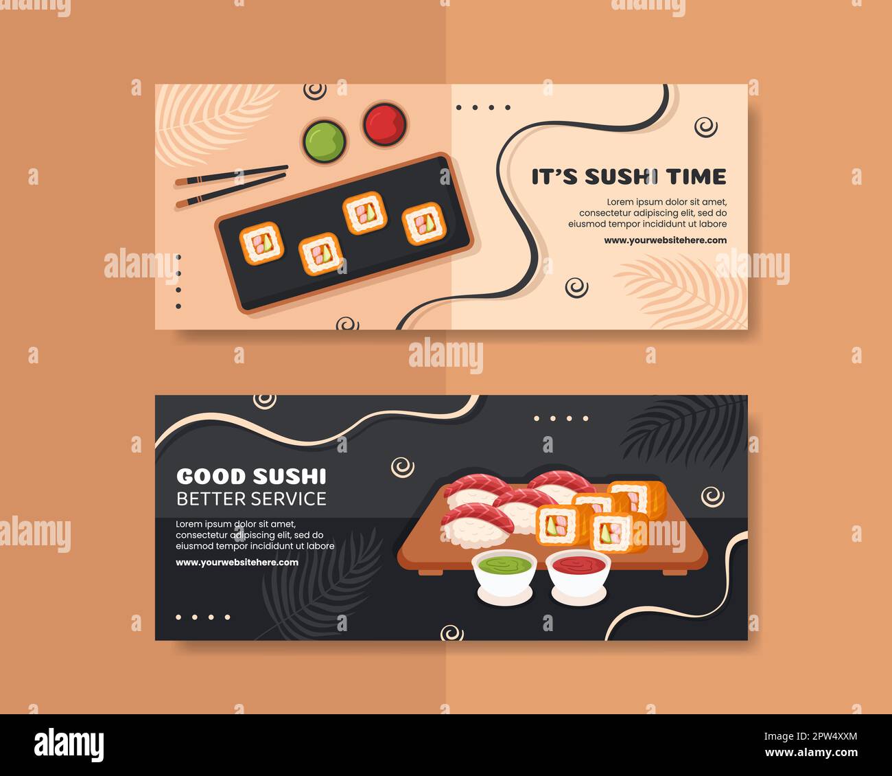Japanese Sushi or Asian Food Horizontal Banner Flat Cartoon Hand Drawn ...