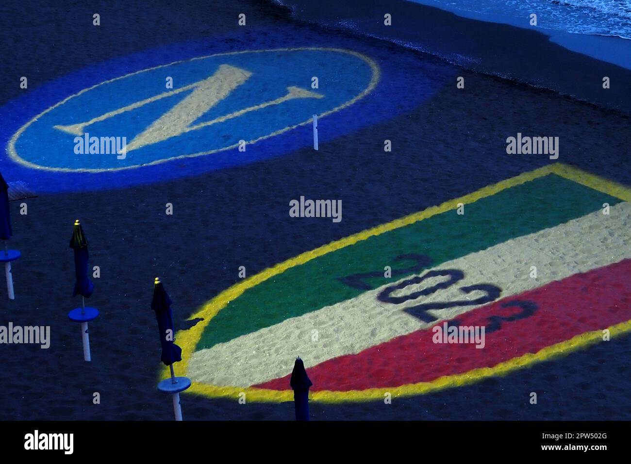 Napoli, Italy. 28th Apr, 2023. Projection on the Posillipo beach of the ...