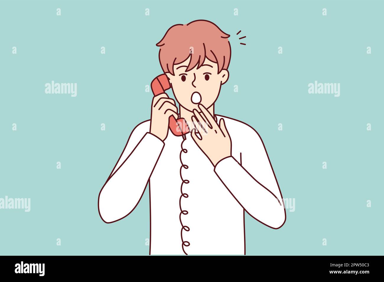 Frightened man holding telephone receiver near ear feel fear after ...