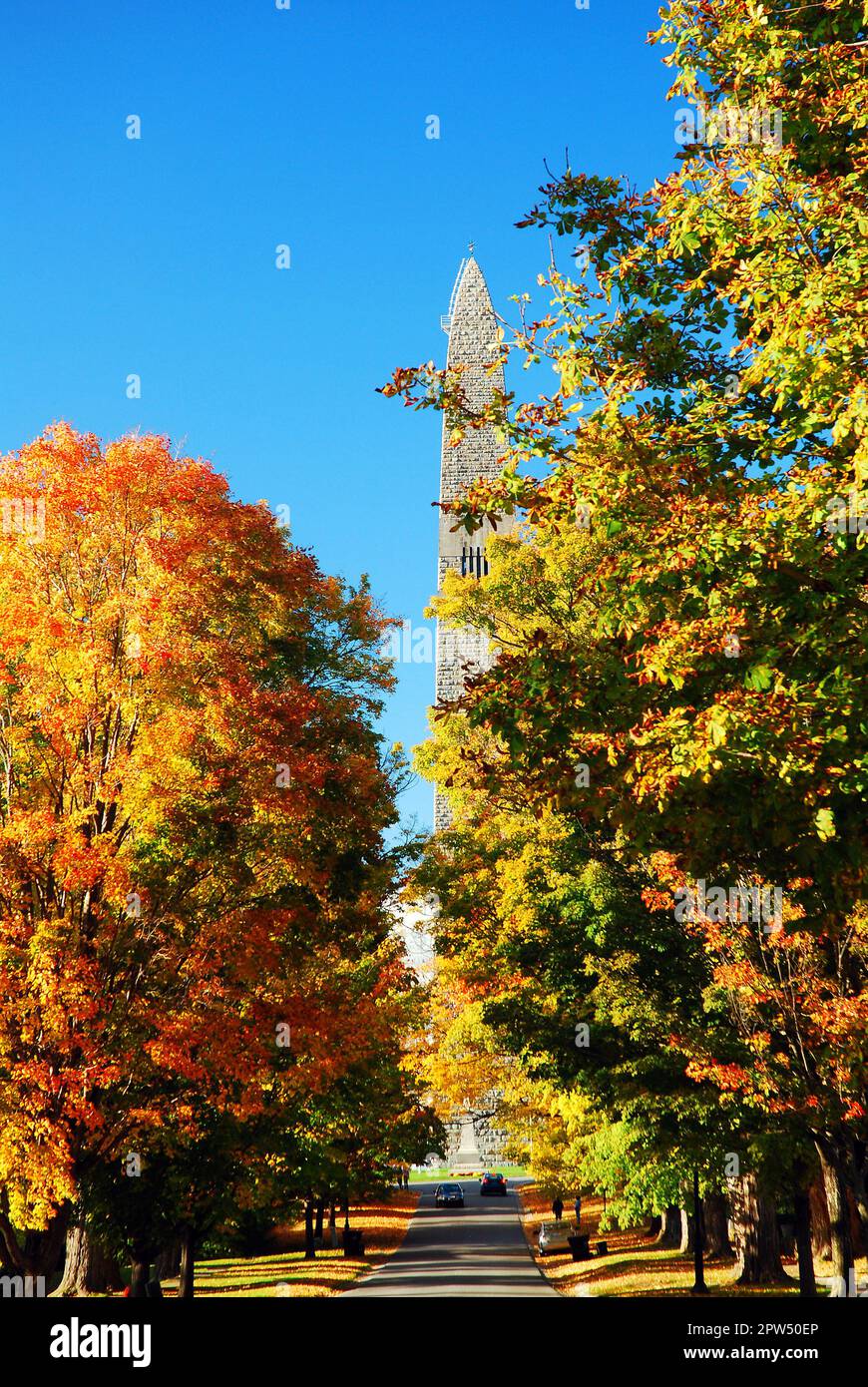 Autumn foliage frame the stone obelisk of the Benington Battle Monument ...