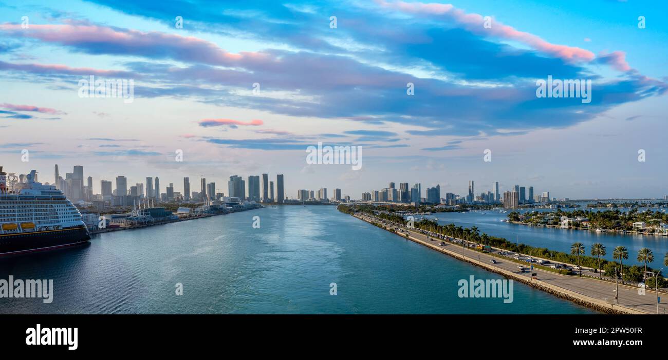 USA, scenic Miami harbor panoramic skyline close to Miami port and ...