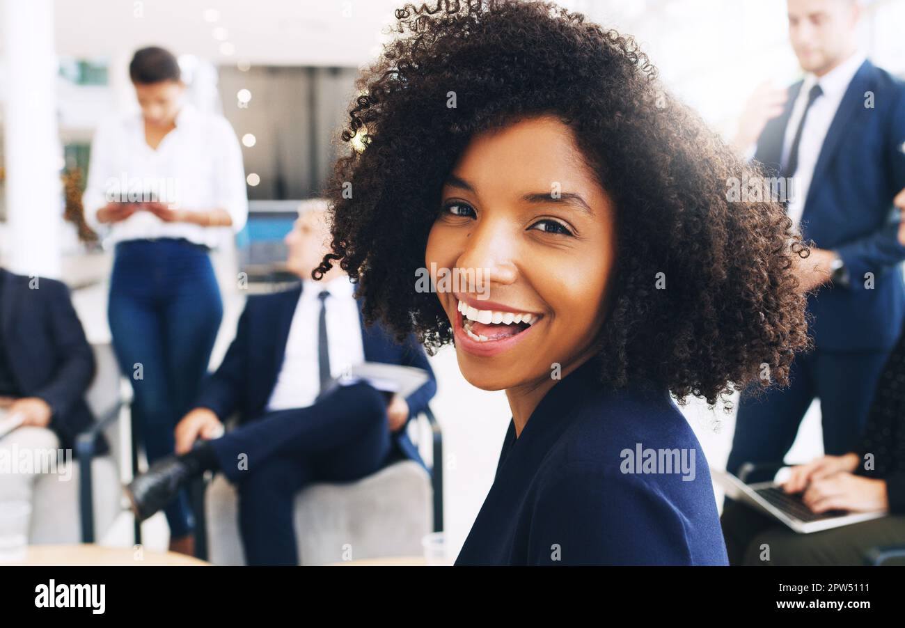 Smile, happy and portrait of black woman at startup meeting for ...