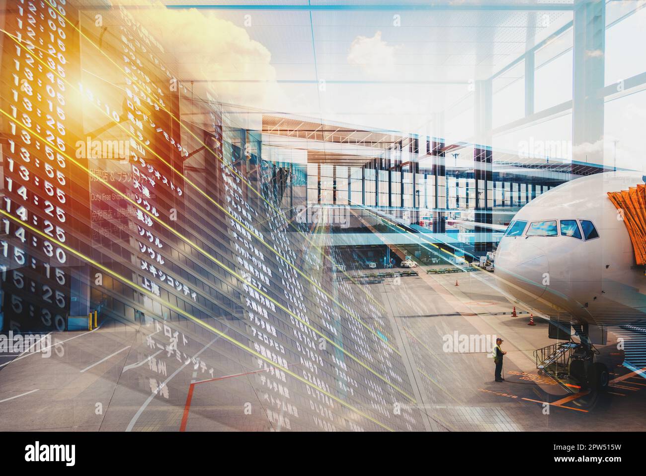 Airplane runway with timetable of a modern airport building Stock Photo ...