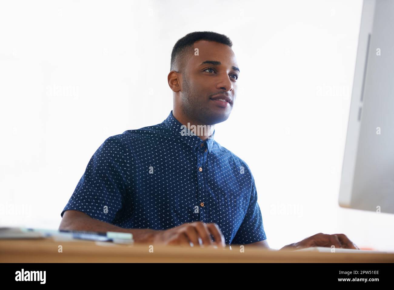 Working his way up the corporate ladder. An African-American man working on his computer Stock ...