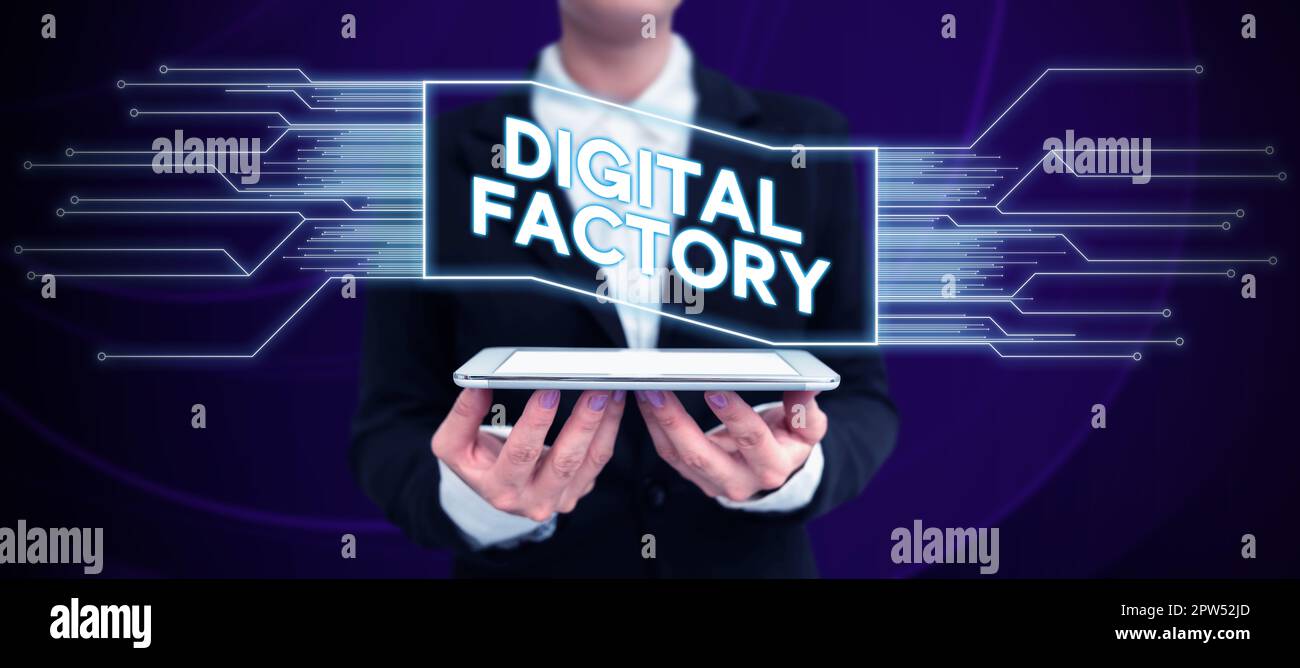 Hand writing sign Digital Factory, Business overview uses digital ...