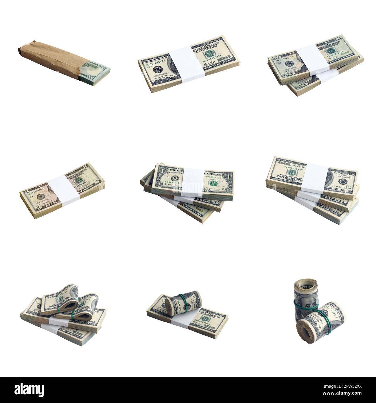 Big set of bundles of US dollar bills isolated on white. Collage with ...