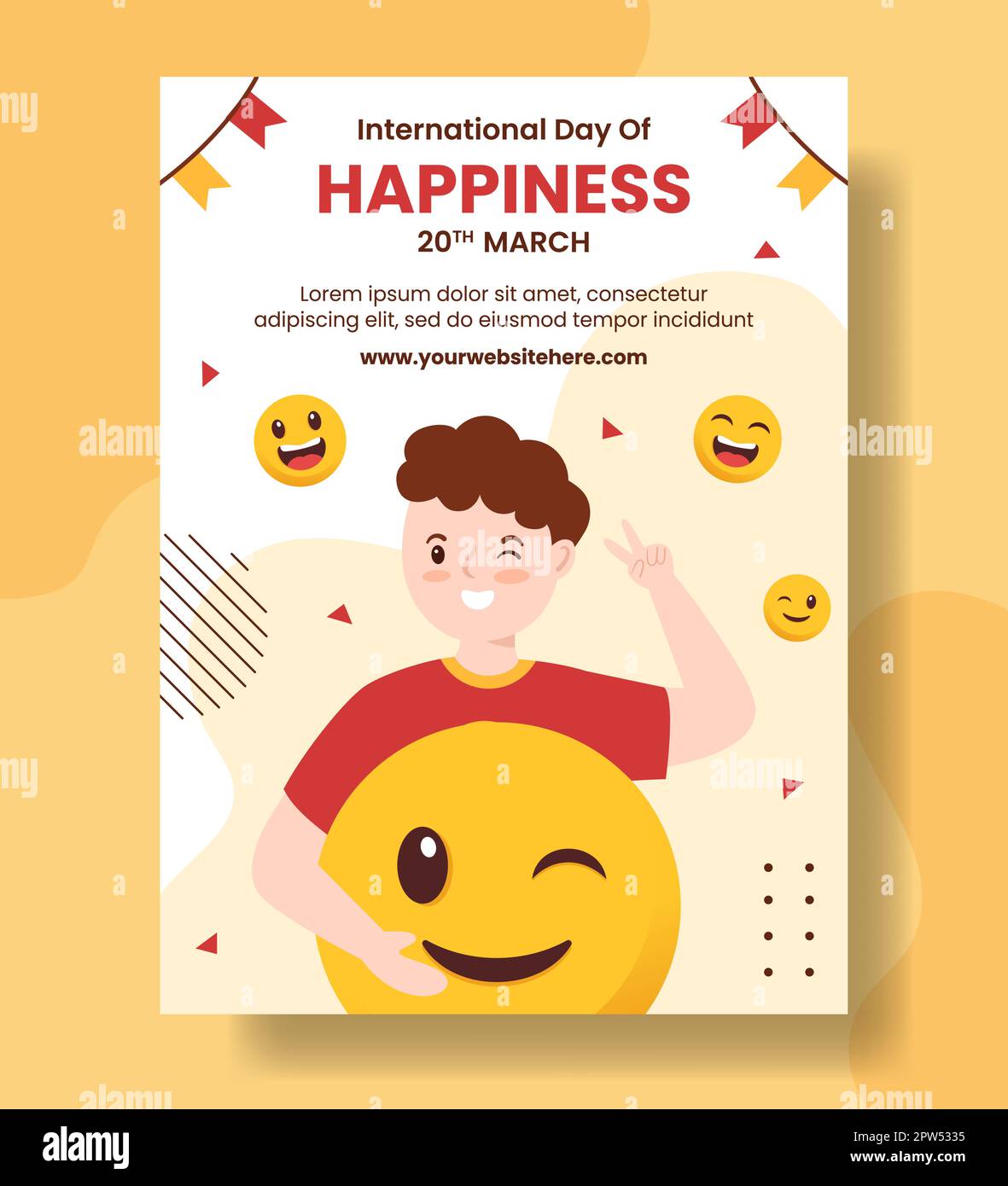 World Happiness Day Vertical Poster with Smiling Face Flat Cartoon Hand ...