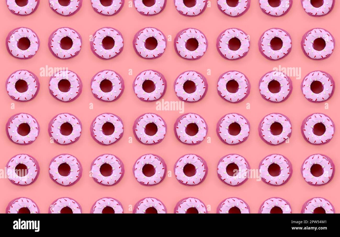 Many small plastic donuts lies on a pastel colorful background. Flat ...