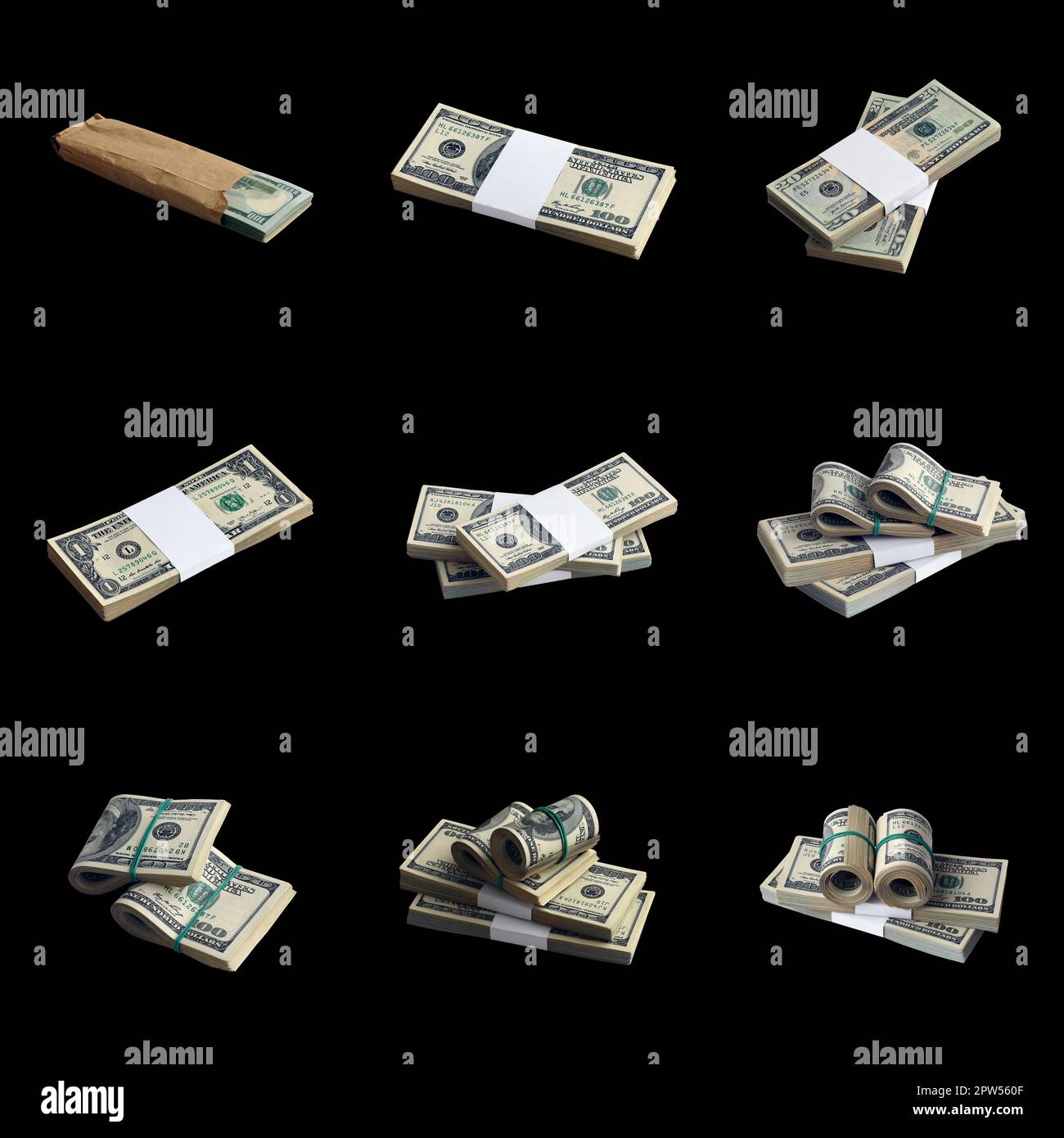 Big set of bundles of US dollar bills isolated on black. Collage with ...