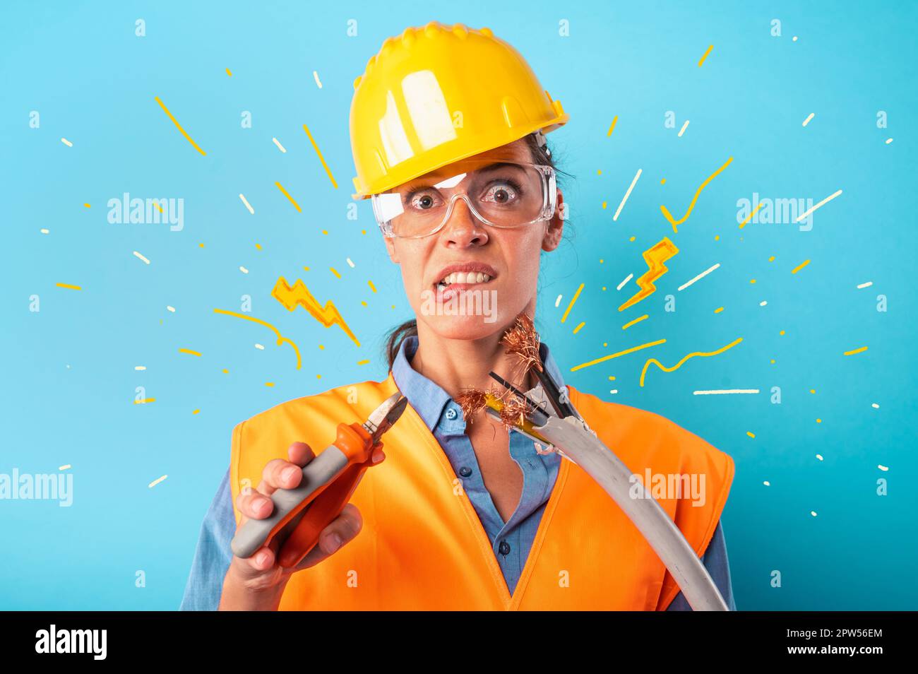 Woman is pensive about her work due to electric problems Stock Photo ...