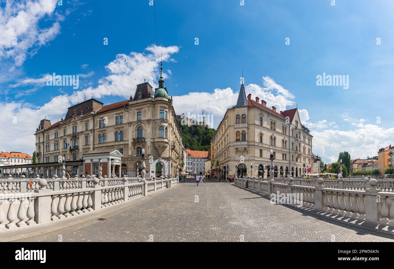 A panorama picture of the Triple Bridge overlooking the Ljubljana ...