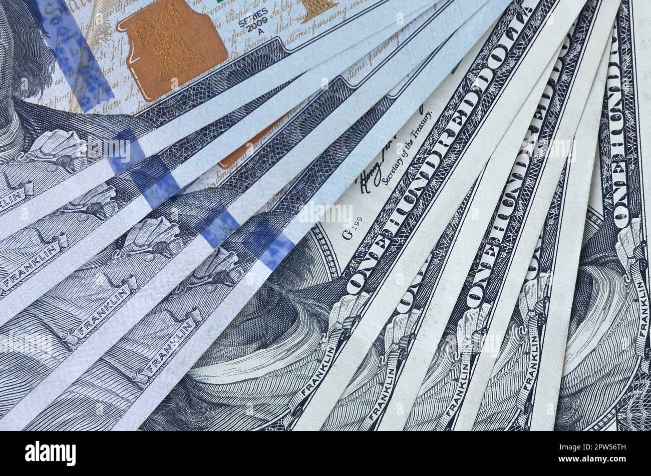 Background of 100 dollar bills. Abstract textured backdrop with many ...