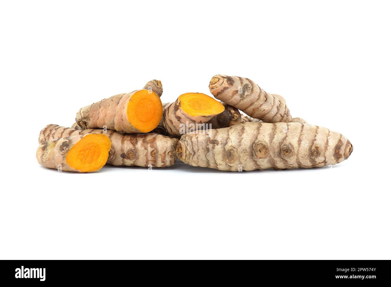 Turmeric (Curcuma longa) rhizome sliced isolated on white background ...