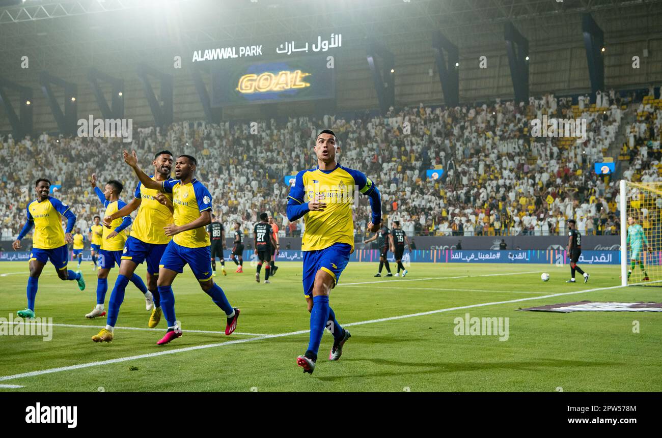 Cristiano Ronaldo of Al-Nassr FC celebrates his goal against Al-Raed FC ...